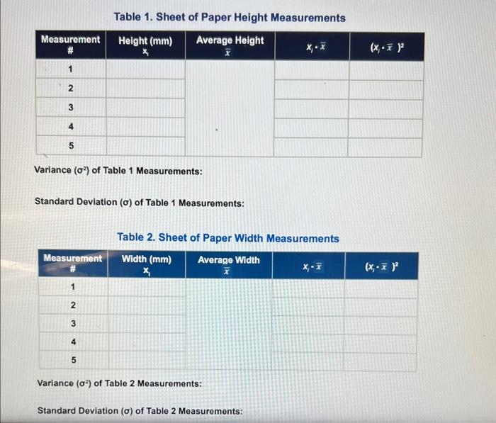 Table 1. Sheet of Paper Height Measurements Variance | Chegg.com