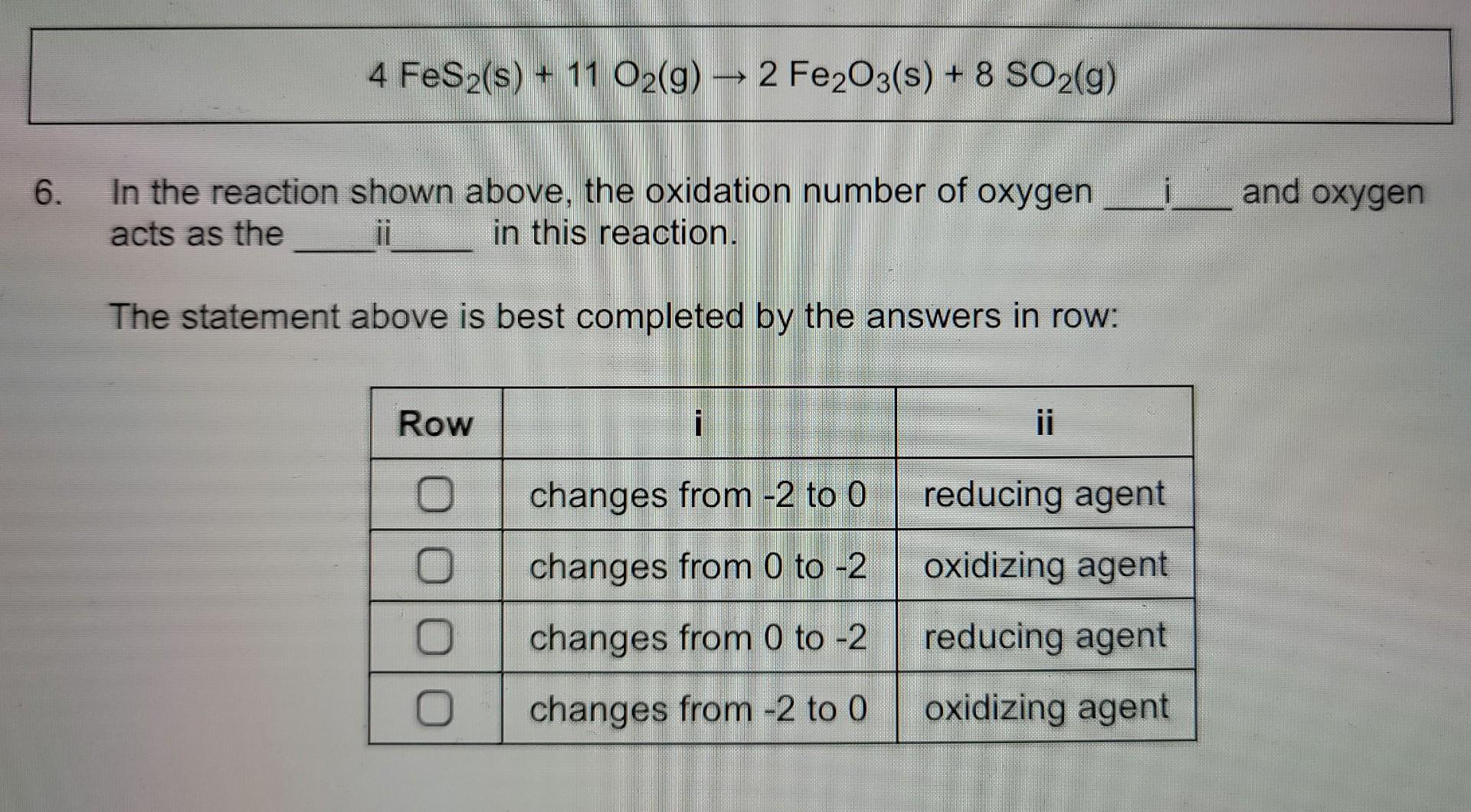 Solved 4FeS2( s)+11O2( g)→2Fe2O3( s)+8SO2( g) 6. In the | Chegg.com