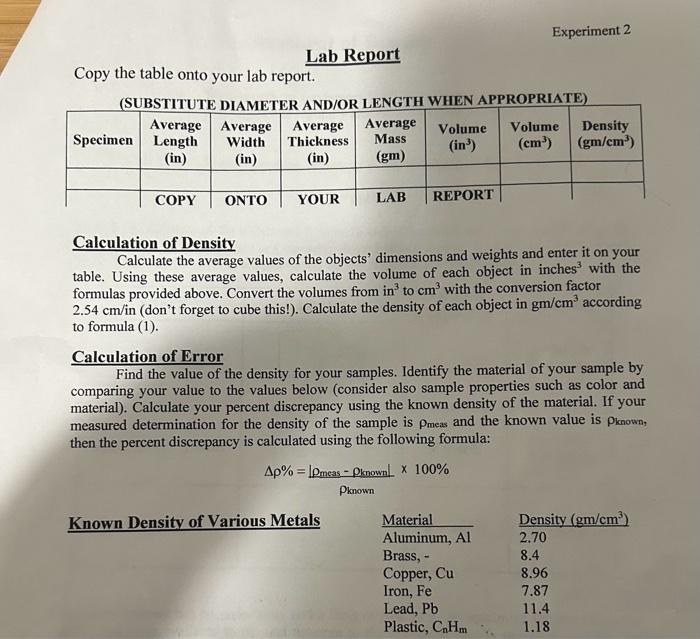 Solved Experiment 2: Measurement of Density Purpose (1) To | Chegg.com