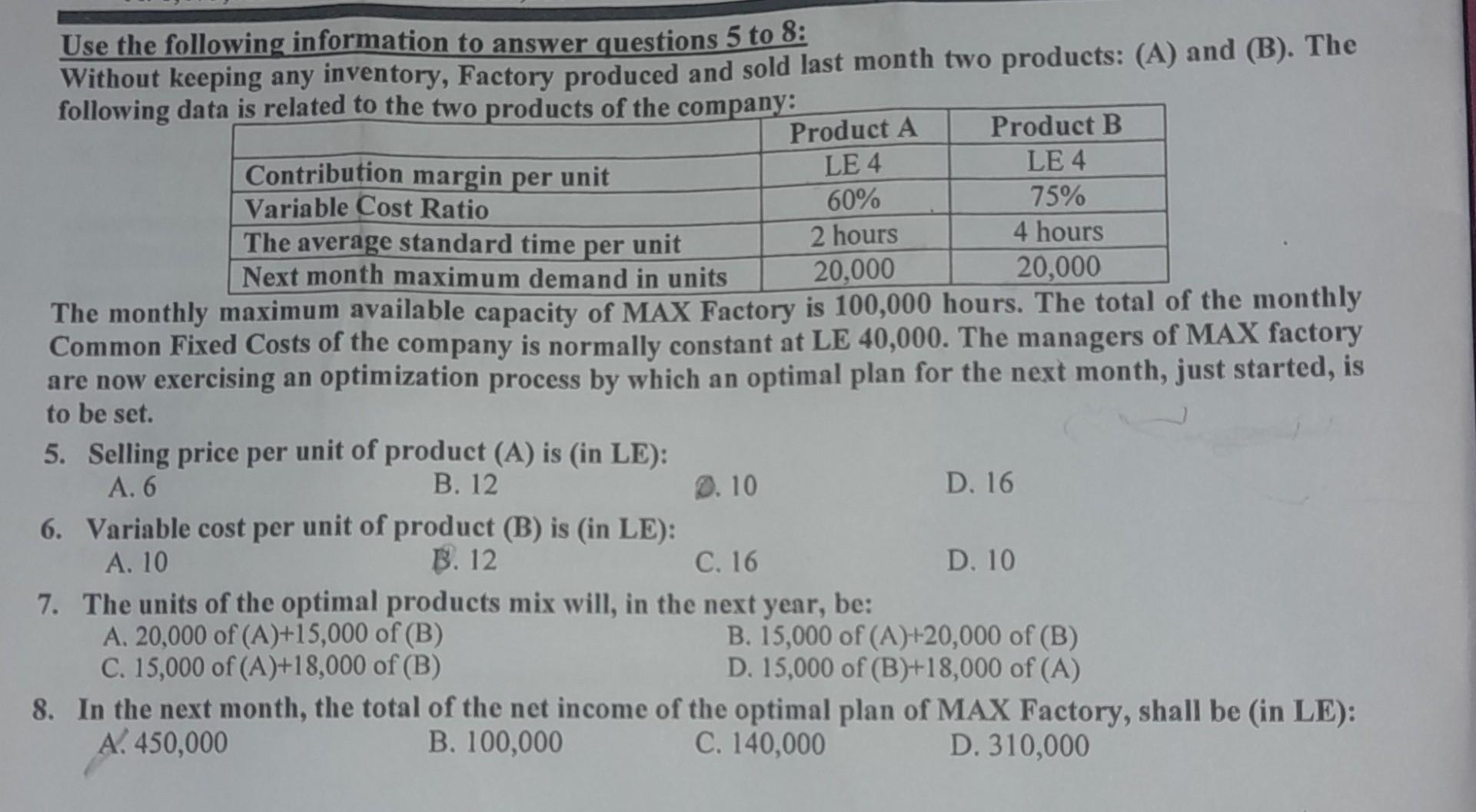 Solved Use the following information to answer questions 5 | Chegg.com