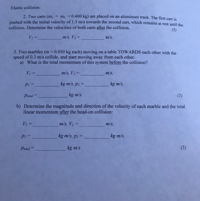 Solved Elastic collision: 2. Two carts (mi m2 = 0.400 kg) | Chegg.com