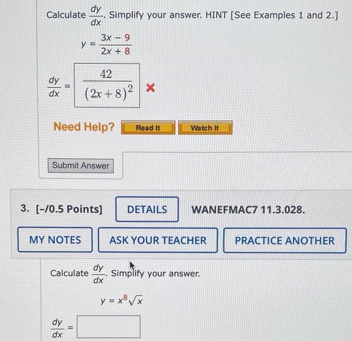 Solved dy Calculate dx Simplify your answer. HINT [See | Chegg.com