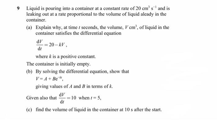 Solved 9 Liquid is pouring into a container at a constant | Chegg.com