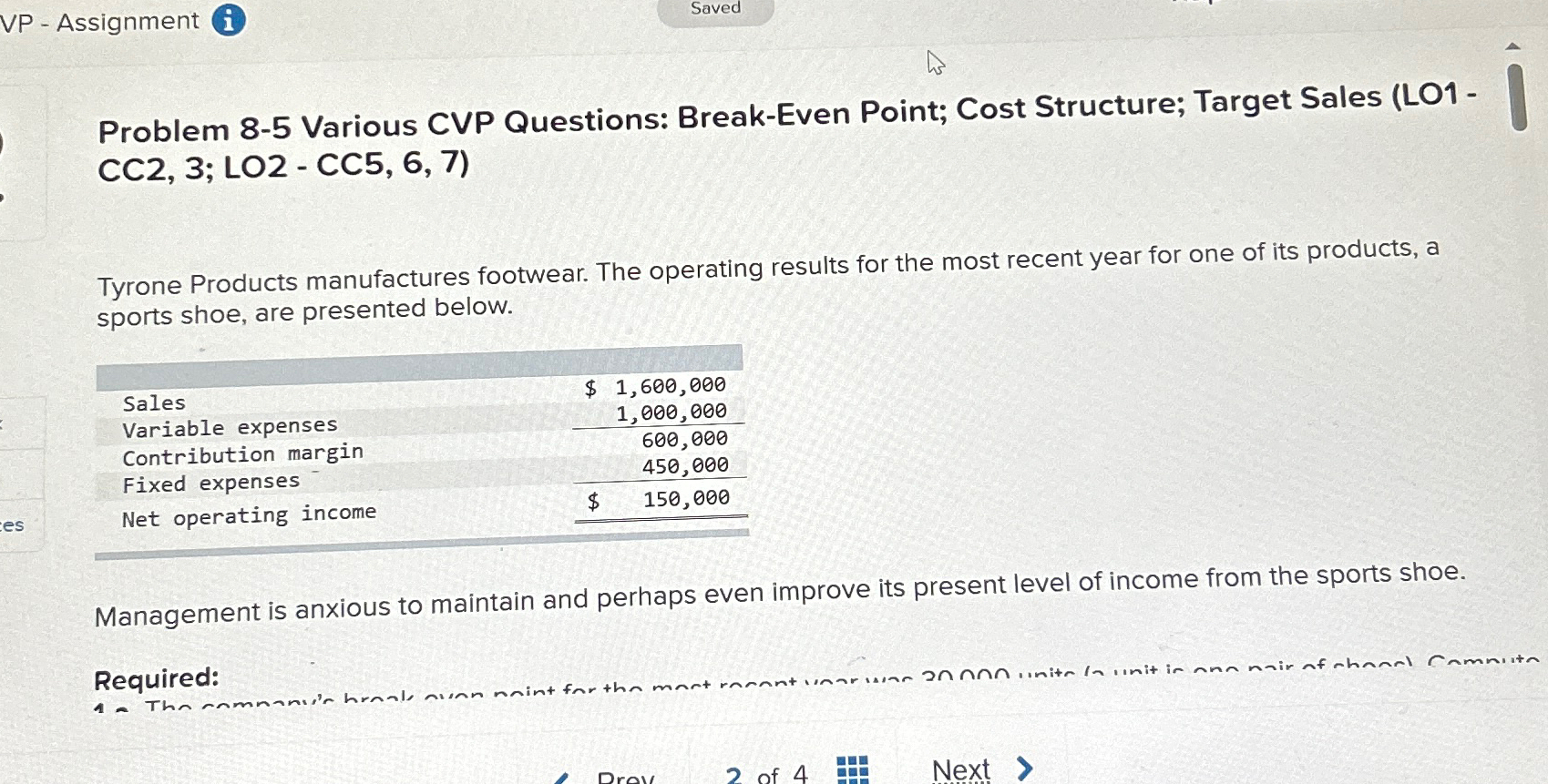 Solved VP-AssignmentSavedProblem 8-5 ﻿Various CVP Questions: | Chegg.com