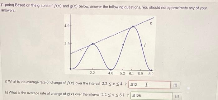 Solved 1 point) Based on the graphs of f(x) and g(x) below, | Chegg.com