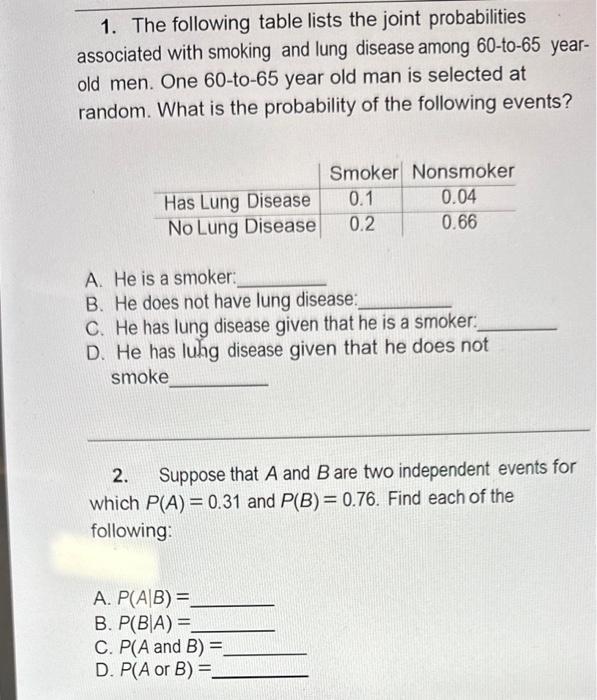 Solved 1. The following table lists the joint probabilities | Chegg.com