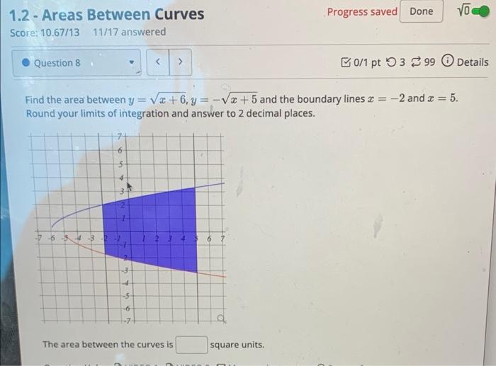 Solved Find the area between y=x+6,y=−x+5 and the boundary | Chegg.com