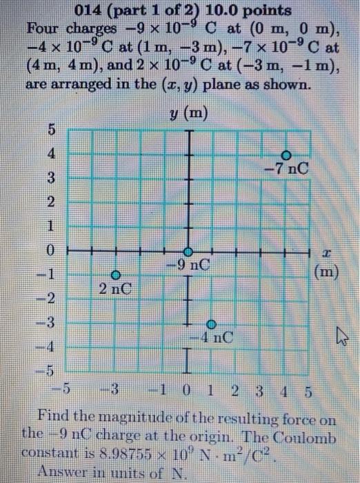 Solved 014 (part 1 of 2) 10.0 points Four charges −9×10−9C | Chegg.com