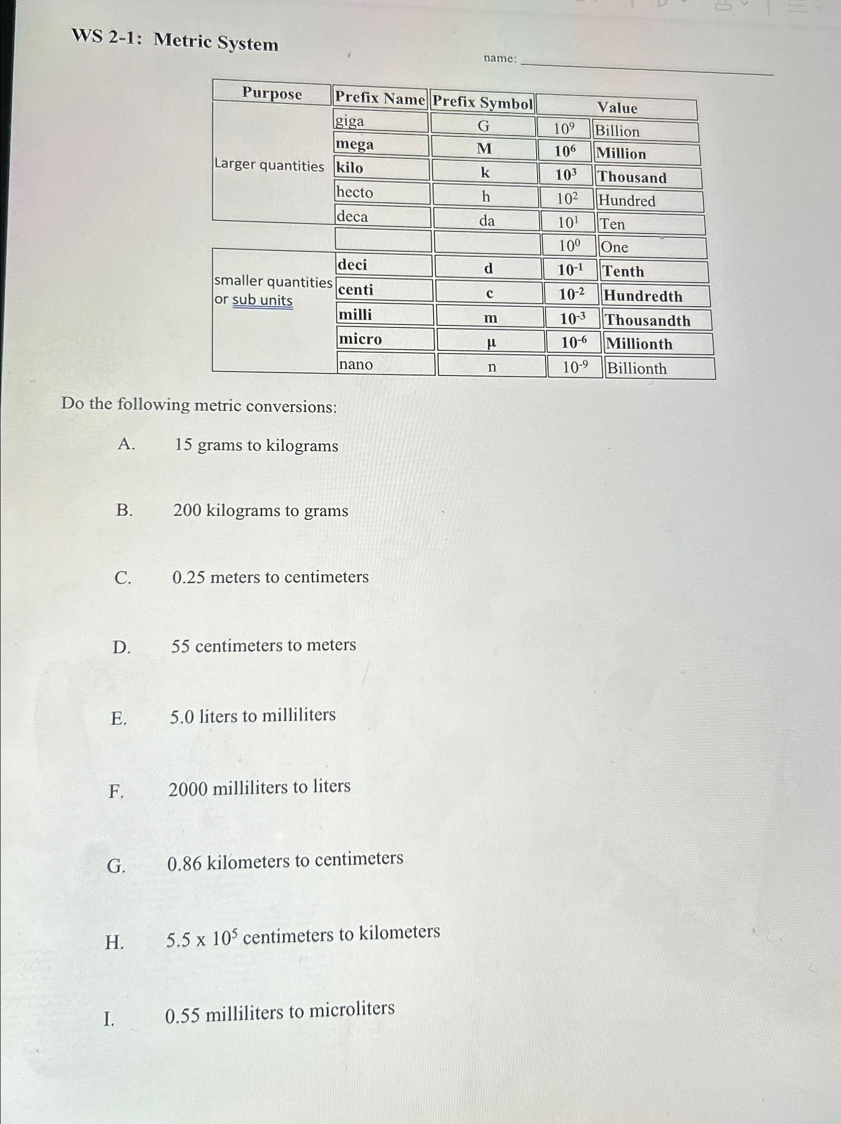 Solved WS 2-1: Metric Systemname:\table[[Purpose,Prefix | Chegg.com