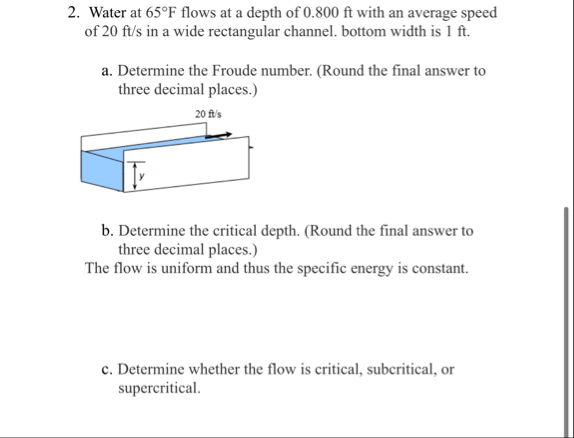 Solved Water at 65°F ﻿flows at a depth of 0.800 ﻿ft with an | Chegg.com