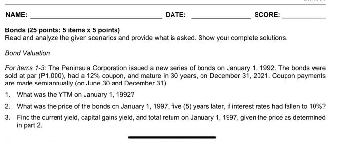 Solved Bonds ( 25 points: 5 items ×5 points) Read and | Chegg.com
