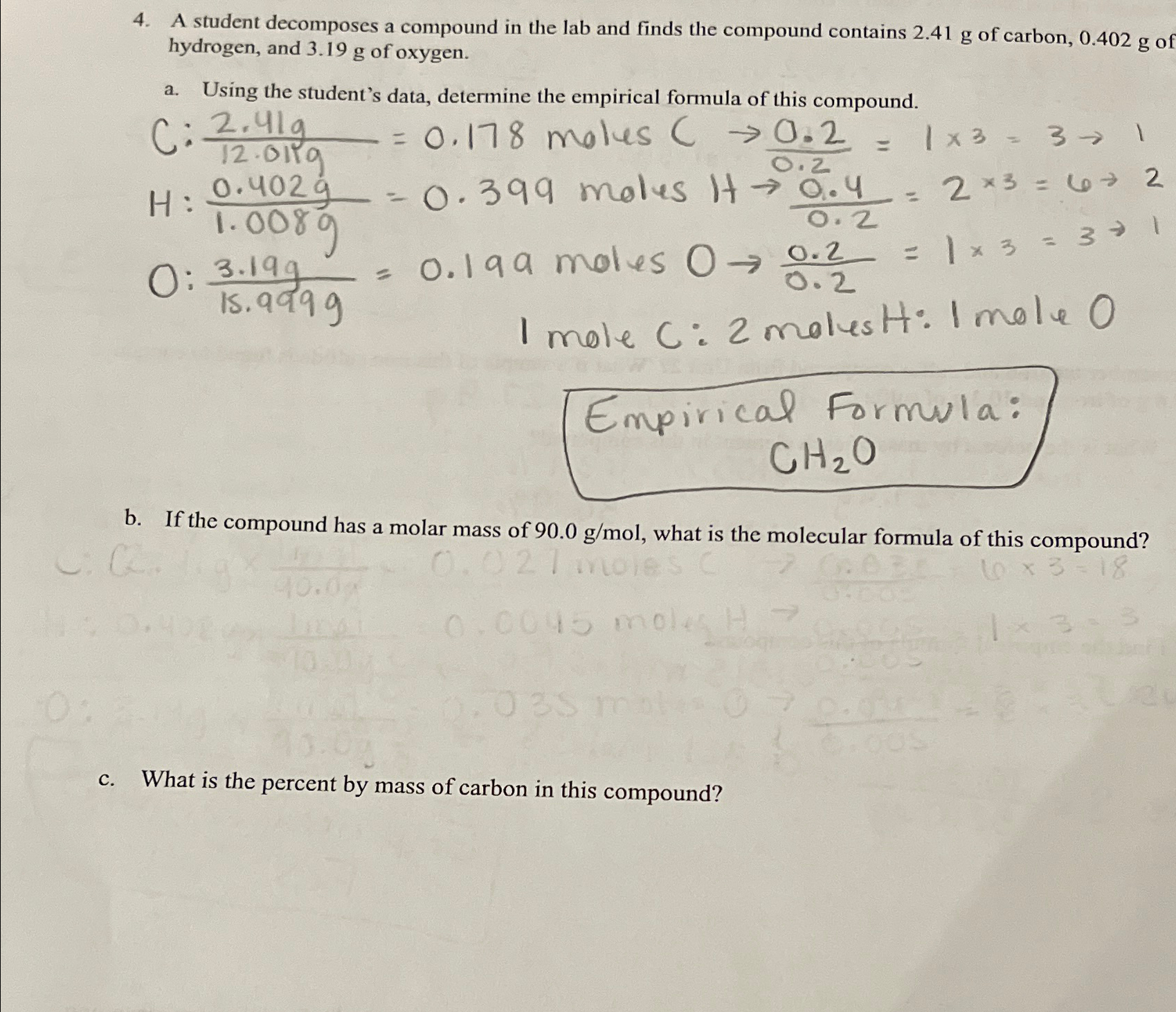 Solved A student decomposes a compound in the lab and finds | Chegg.com