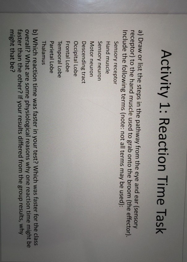 Solved Activity 1: Reaction Time Task a) Draw or list the | Chegg.com