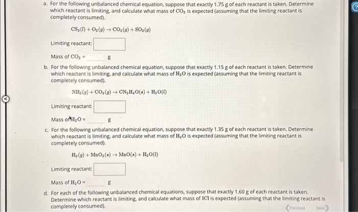 Solved a. For the following unbalanced chemical equation, | Chegg.com