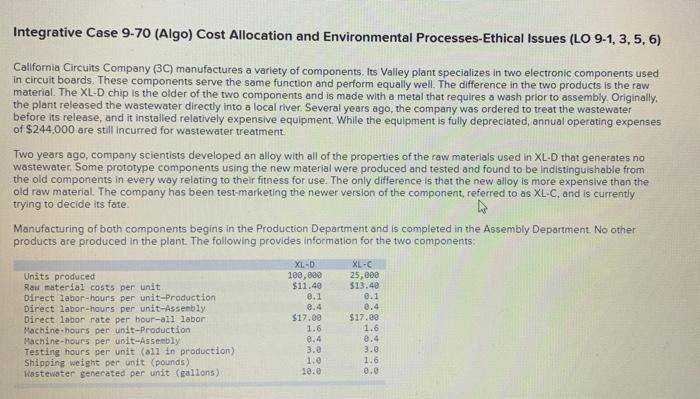 Solved Integrative Case 9-70 (Algo) Cost Allocation and | Chegg.com