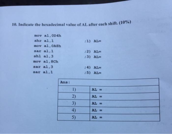 Solved 10. Indicate the hexadecimal value of AL after each | Chegg.com