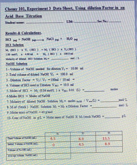 Solved Chemy 101, Experiment 3 Data Sheet, Using dilution | Chegg.com