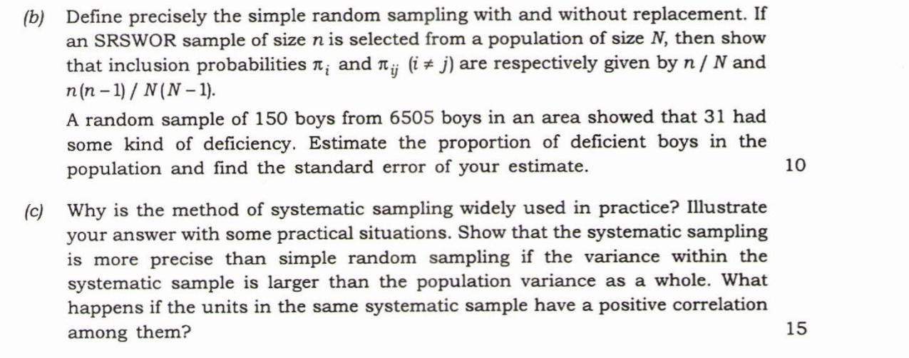 Solved 10 (b) Define precisely the simple random sampling | Chegg.com