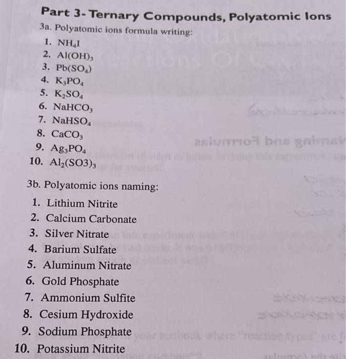 Solved Part 3 - Ternary Compounds, Polyatomic lons 3a. | Chegg.com