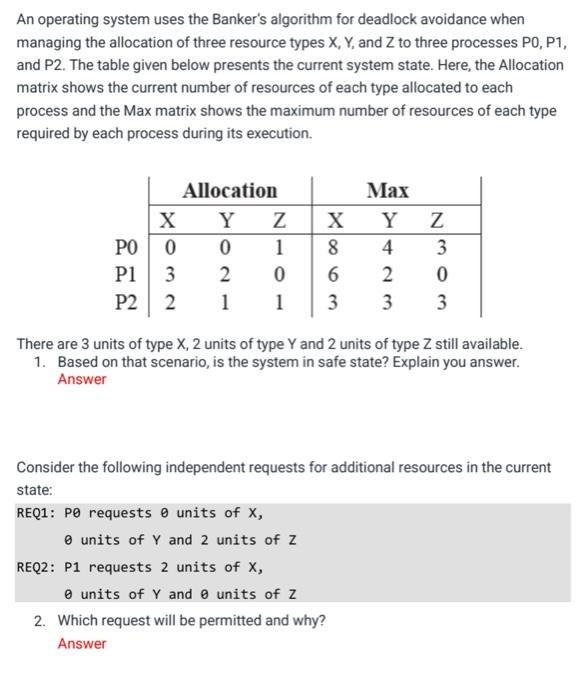 Solved An operating system uses the Banker's algorithm for | Chegg.com