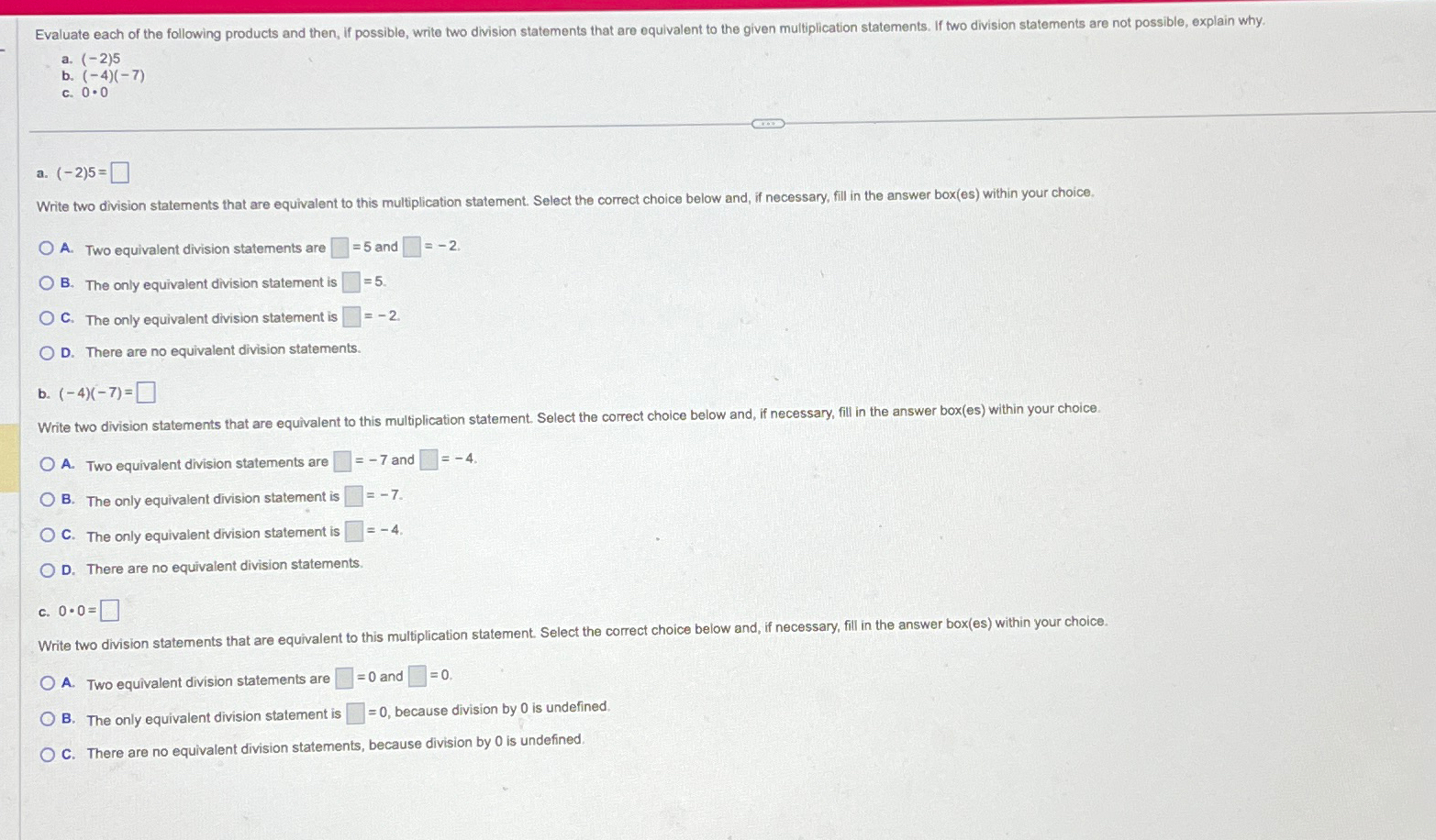 Solved a. (-2)5b. (-4)(-7)c. 0.0a. (-2)5=Write two division | Chegg.com