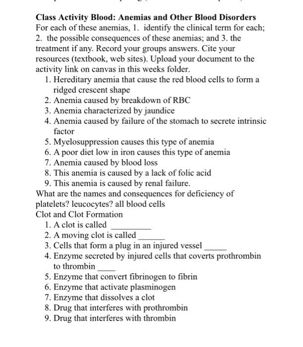 Solved Class Activity Blood: Anemias and Other Blood | Chegg.com