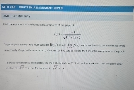 Solved MTH 263 - ﻿WRITTEN ASSIGNMENT SEVENLIMITS AT | Chegg.com