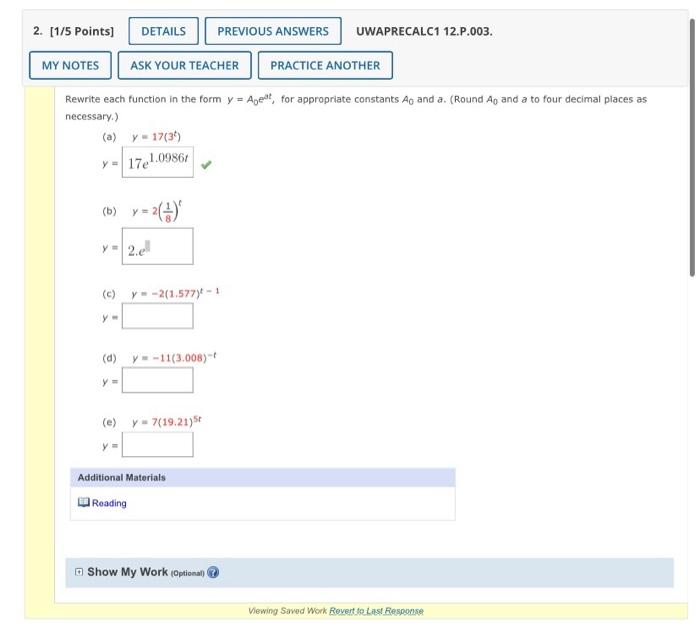 Solved Rewrite each function in the form y=A0e3t, for | Chegg.com