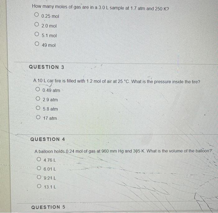 Solved how many moles of gas are in 3.0 L sample at 1.7 atm | Chegg.com