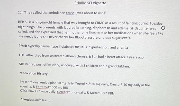 Solved PHARM SCI Vignette CC: "They called the ambulance | Chegg.com