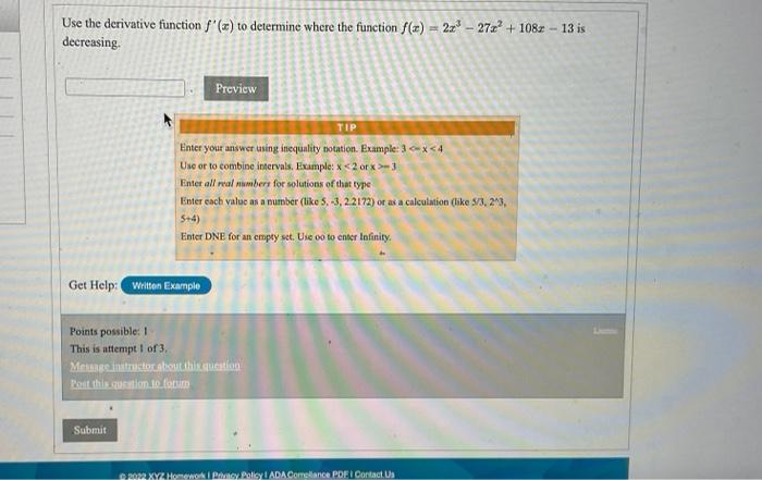 Solved Use the derivative function f′(x) to determine where | Chegg.com