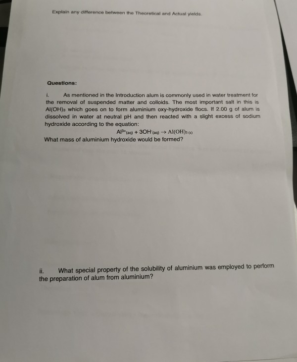 Solved Prelab: Experiment 1, Preparation of Alum from Scrap | Chegg.com