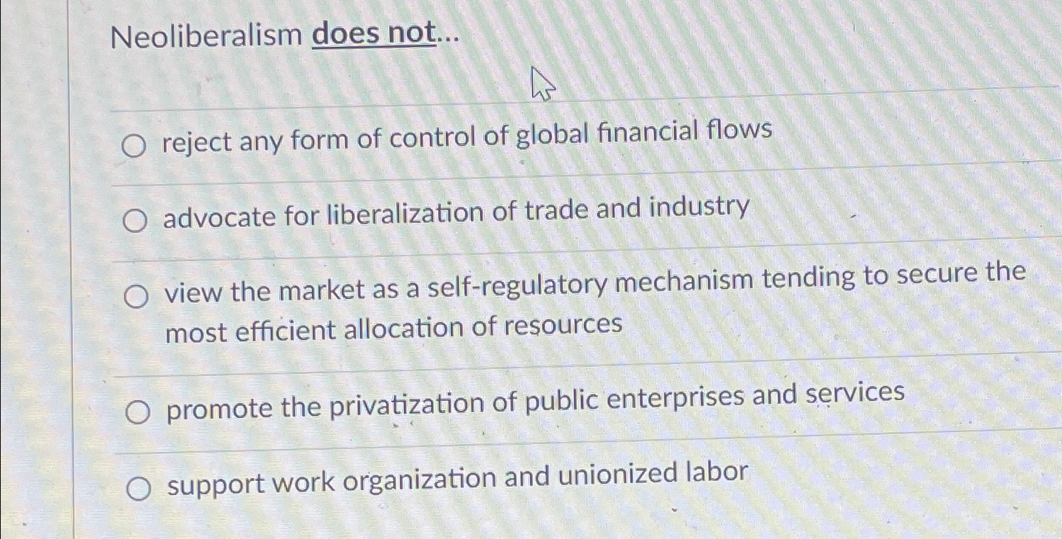 Solved Neoliberalism does not...reject any form of control | Chegg.com