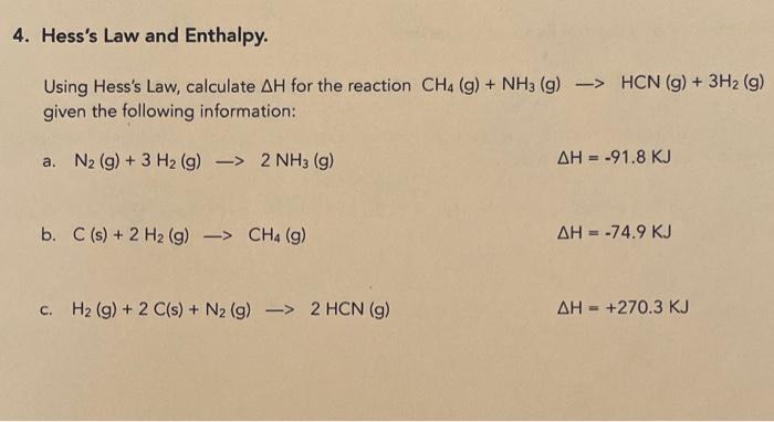 Solved 4. Hess's Law and Enthalpy. Using Hess's Law, | Chegg.com