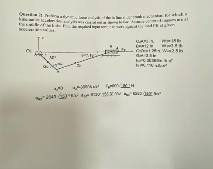 Question 2) Preform a dynamic force analysis of the | Chegg.com