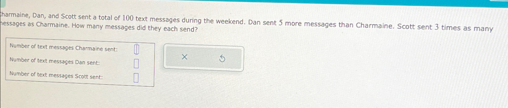 Solved Tharmaine, Dan, and Scott sent a total of 100 ﻿text | Chegg.com