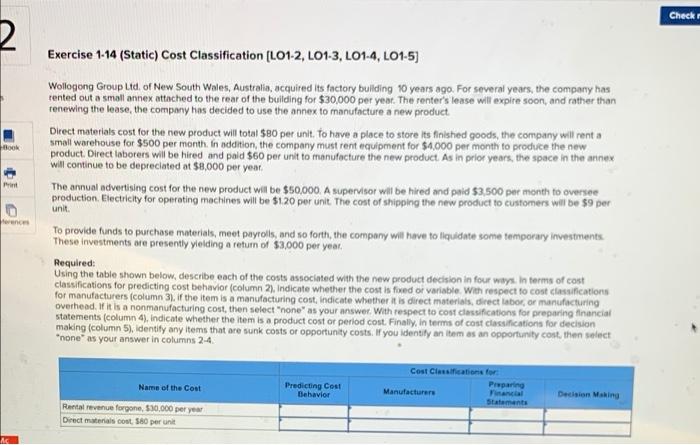 Solved Checkr 2 Exercise 1-14 (Static) Cost Classification | Chegg.com
