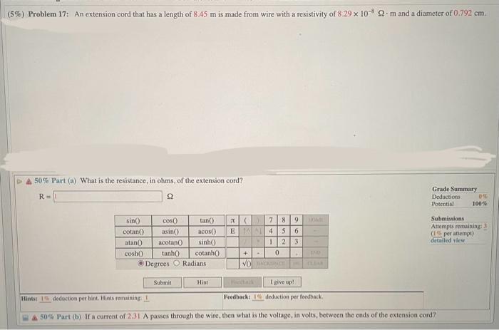 Solved (5\%) Problem 17: An extension cord that has a length | Chegg.com
