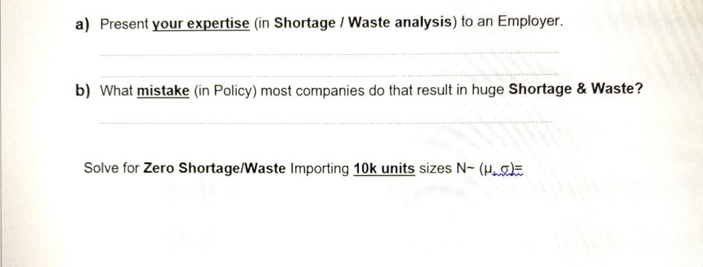 Solved a) ﻿Present your expertise (in Shortage / ﻿Waste | Chegg.com