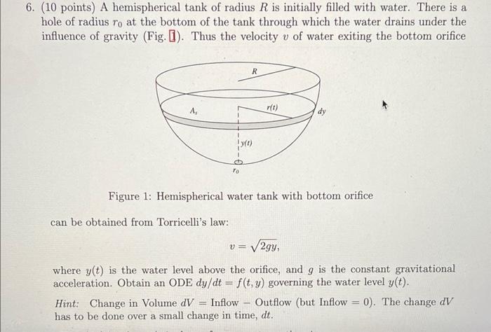Solved 6. (10 points) A hemispherical tank of radius R is | Chegg.com