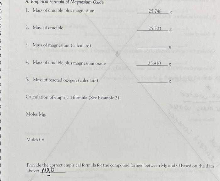 Solved A. Empirical Formula of Magnesium Oxide 1. Mass of | Chegg.com