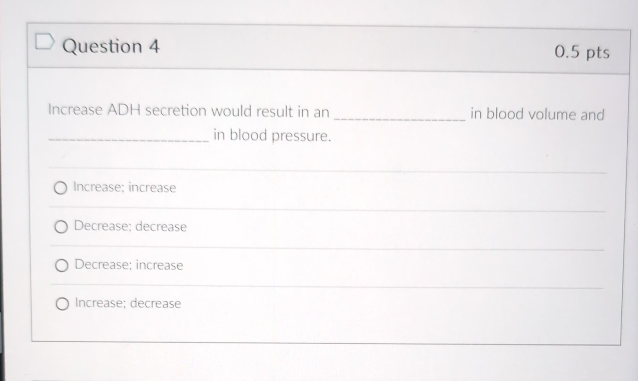 Solved Question 40.5ptsIncrease ADH secretion would result | Chegg.com