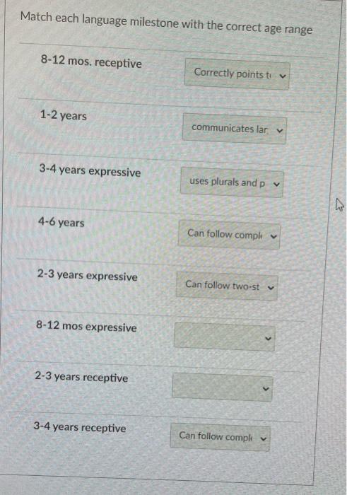 language milestone with the correct age range | Chegg.com