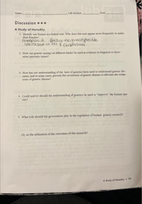 Solved Name Lab Section Date Discussion A Study of Heredity | Chegg.com