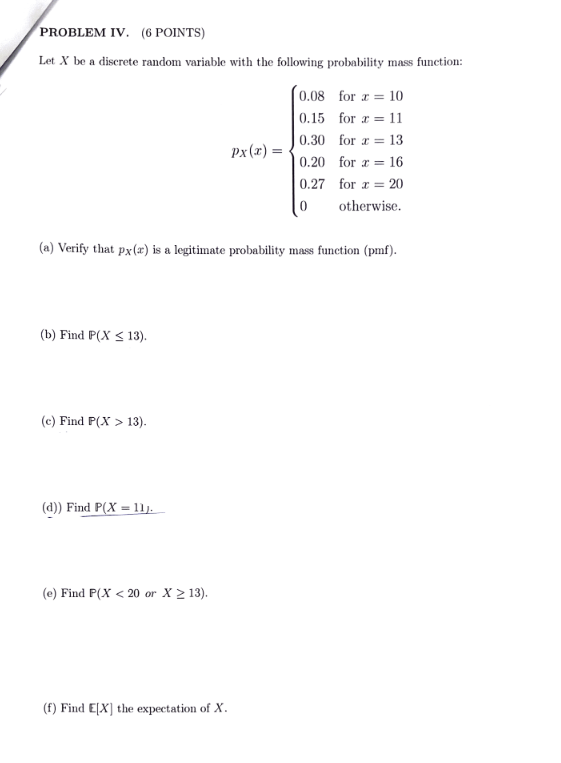 Solved PROBLEM IV. (6 ﻿POINTS)Let x ﻿be a discrete random | Chegg.com