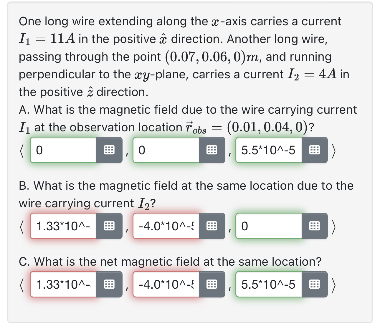 Solved One long wire extending along the x-axis carries a | Chegg.com