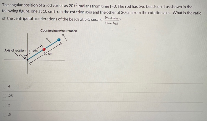 Solved The angular position of a rod varies as 20t2 radians | Chegg.com
