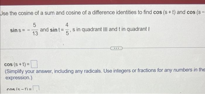 Solved Jse the cosine of a sum and cosine of a difference | Chegg.com