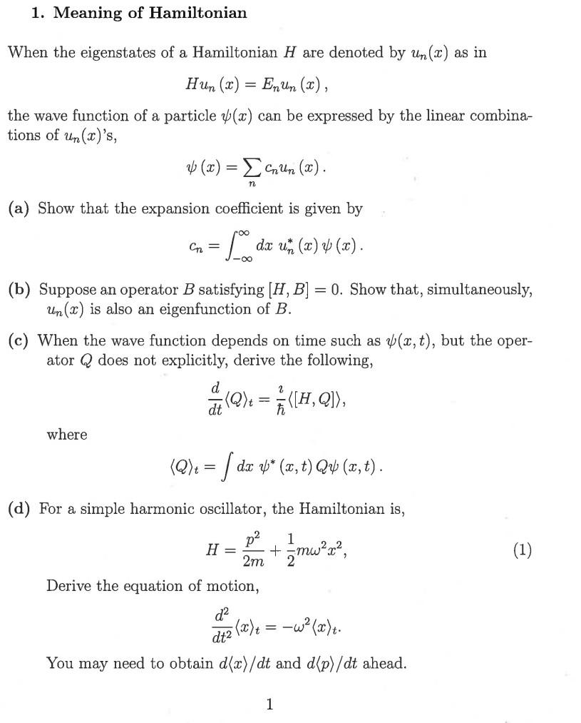 Solved 1. Meaning of Hamiltonian When the eigenstates of a | Chegg.com