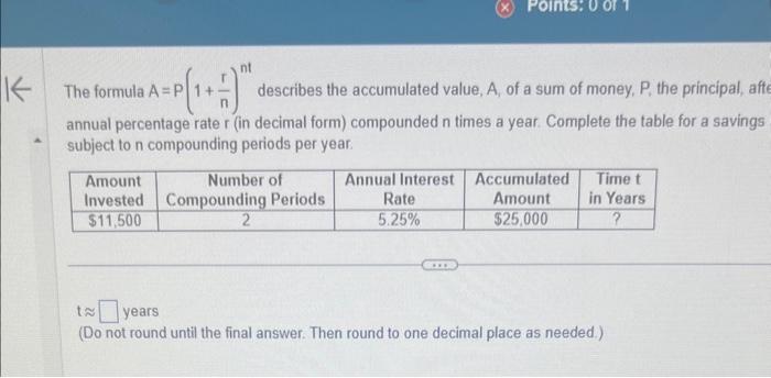 The formula A=P(1+nr)nt describes the accumulated | Chegg.com